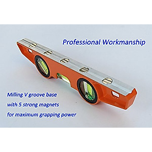 Professional Magnetic Scaffolding Spirit Level 10-Inch, Milling V-groove Base with 5 Strong Rare Earth Magnets for Superior Gripping Power, Die Cast Magnetic Torpedo Level 250MM and Holster