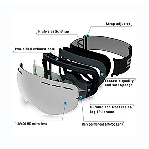 Snowboard Goggles UV Protection Dual Lens Anti Fog Snow Sports Goggles ，Men Women Youth Ski Goggles (VLT17.5% Blue Frame Blue Lens)