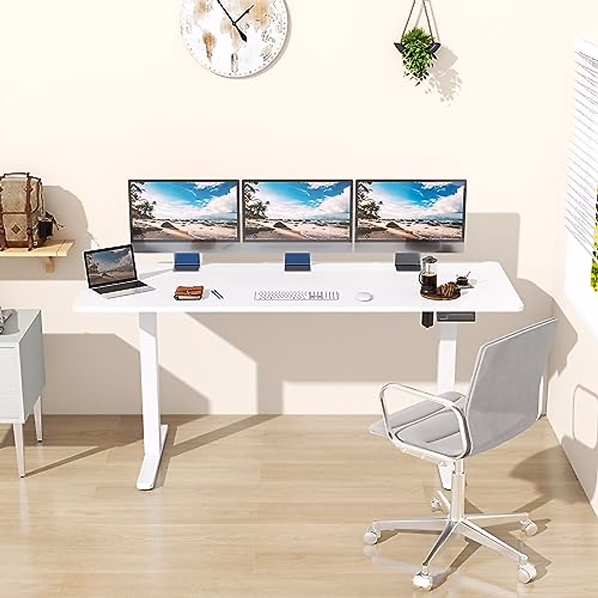 Lubvlook 63 Inch Electric Adjustable Height Standing Desk, Home Office Sit Stand Desk with Splice Board, 63" x 24", White