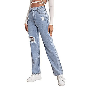 SweatyRocks Women's High Waist Straight Leg Jeans Ripped Distressed Denim Pants Light Blue S