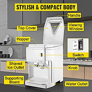 VEVOR Ice Shaver Machine Electric, Snow Cone Machine Commercial 265 LBS/H, Shaved Ice Machine w/Ice Hopper & Lid, 250W Ice Crusher w/Drain Pipe Tabletop Shaved Ice Maker w/Adjustable Fineness White