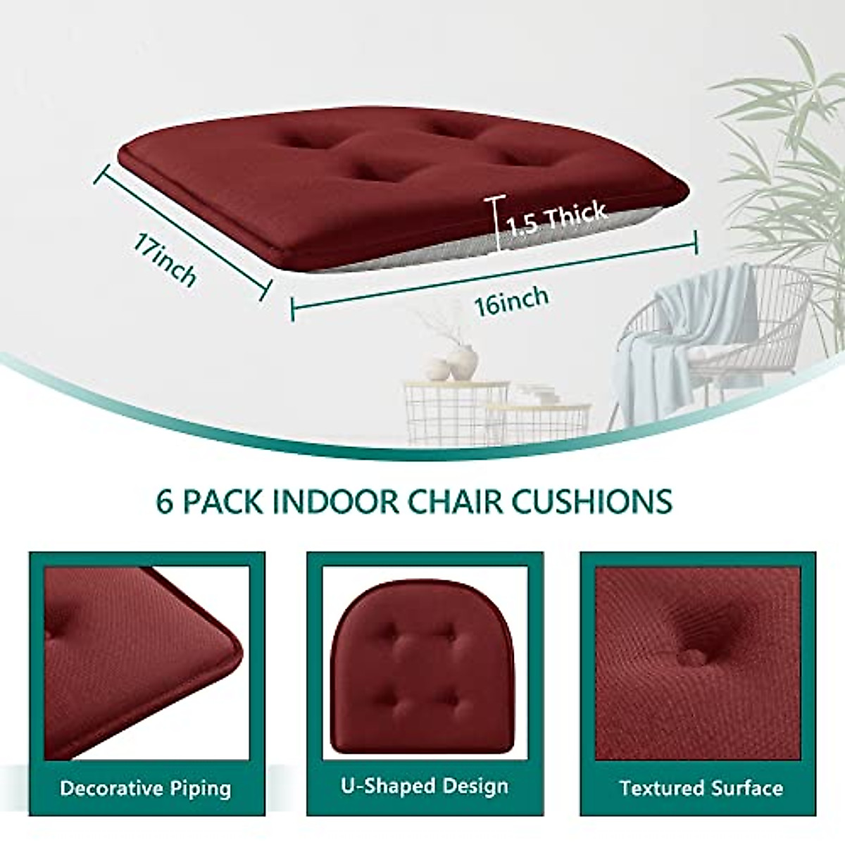 HARBOREST Chair Cushions for Dining Chairs 6 Pack - Memory Foam Seat Cushions for Kitchen Chairs, U-Shaped Non-Slip Chair Pads for Dining Chairs Set of 6, 17" x 16" x 1.5", Burgundy