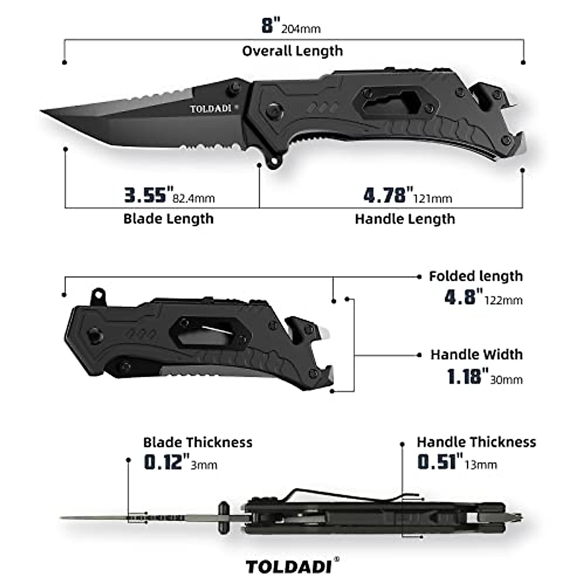 Toldadi Spring Assisted Pocket Knife With Clip for Men, 8 in Tactical Folding Knife With Liner Lock, 7-In-1 Multitool EDC Knife Gifts for Men Father Husband