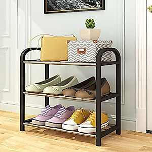 Small Shoe Rack，3-Tier Shoes Shelf Storage Multifunctional Lightweight Organizer Sturdy Metal Stackable Stand Footwear for Closet Living Room Bedroom bathroom(3 Tier Black Shoe Rack)