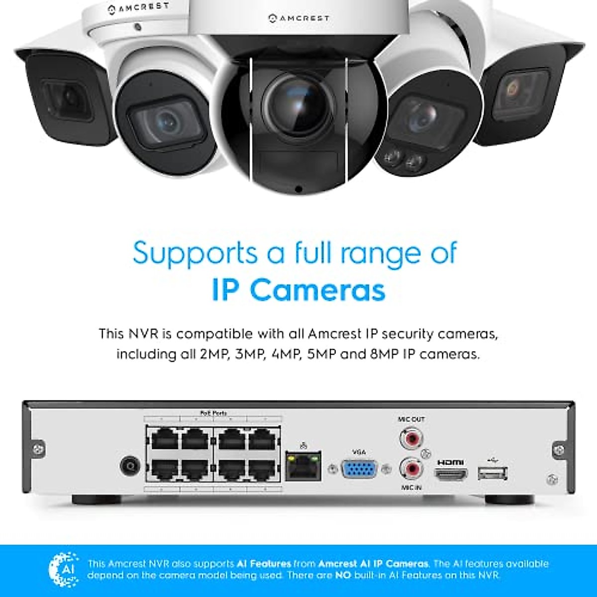 Amcrest NV4108E-A2 4K 8CH POE NVR (1080p/3MP/4MP/5MP/8MP) POE Network Video Recorder - Supports up to 8 x 8MP/4K IP Cameras, 8-Channel Power Over Ethernet Supports up to 10TB HDD (Not Included)