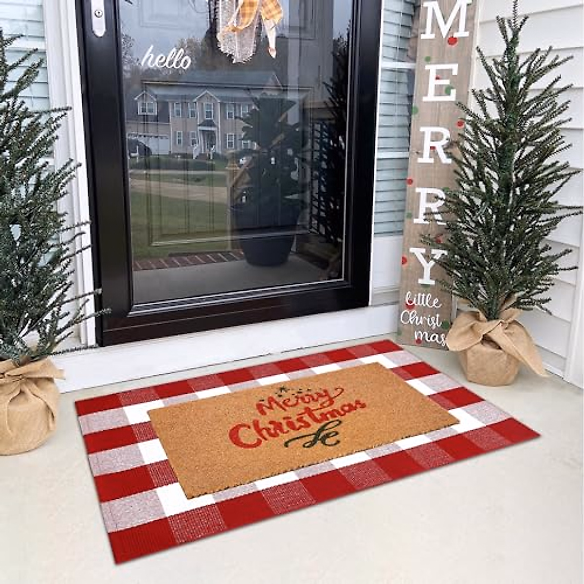 Christmas Door Mat Combo Set - 100% Coco Coir Welcome Mat + 28 x 43 Inch Red and White Plaid Rug, New Year Holiday Christmas Collection Doormat for Front Porch Entryway Decorative