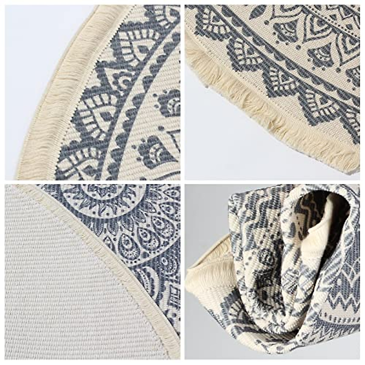 nd Round Rugs 3ft Bedroom Rug Mandala Bohemian Vintage Pattern Round Carpet Circle Area Rug Cotton Hand Woven Table Rug with Tassels Indoor Living Room Kids Room Bathroom mat, Black/Blue