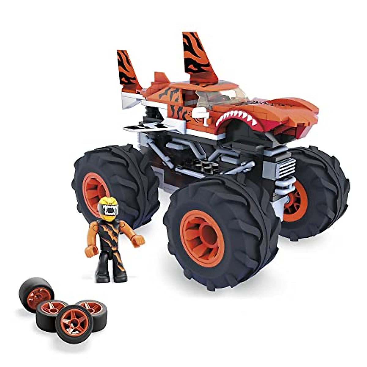 MEGA Hot Wheels Monster Trucks Building Toy Playset, Tiger Shark with 187 Pieces, 1 Micro Action Figure Driver, Orange and Black, Kids Age 5+ Years