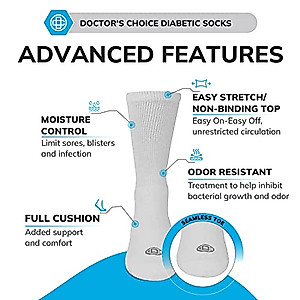 Doctor's Choice Diabetic Socks for Men, Seamless Crew Socks with Non-Binding Top, Provides Extra Comfort for Gout, 4-Pairs, White, Large, Size 10-13
