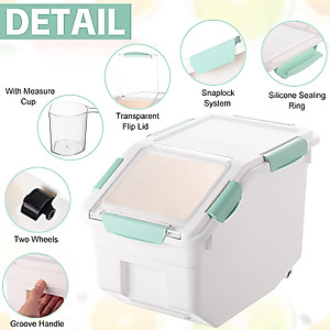 Purpeak 4 Pack Grain Rice Storage Bin Flour Storage Container 20 Lbs with Wheels Measuring Cup Airtight Lid Plastic Cereal Pet Food Storage Boxes for Dry Food Sugar Baking Cat Bird Dog Food (Green)