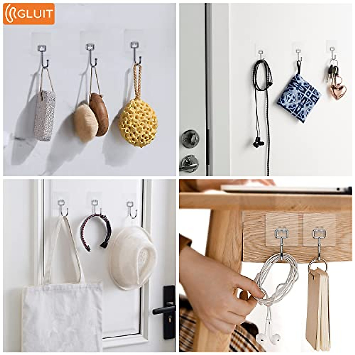 GLUIT Adhesive Hooks Medium 12 Pack and Large 12 Pack for Hanging Heavy Duty Wall Hooks 22 lbs Self Adhesive Towel Hook Waterproof Transparent Hooks for Keys Bathroom Shower Outdoor Kitchen