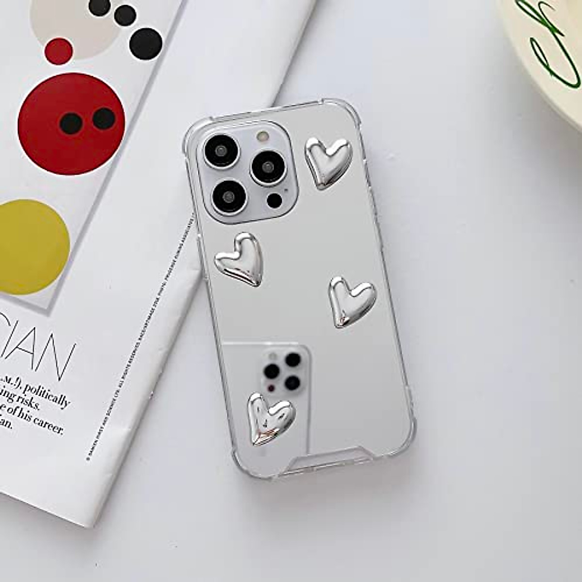 Shinymore iPhone 13 Pro Mirror Case Flexible Cute Heart Soft Silicone Clear Makeup Mirror Women Girls Shockproof Protect Cover Case for iPhone 13 Pro