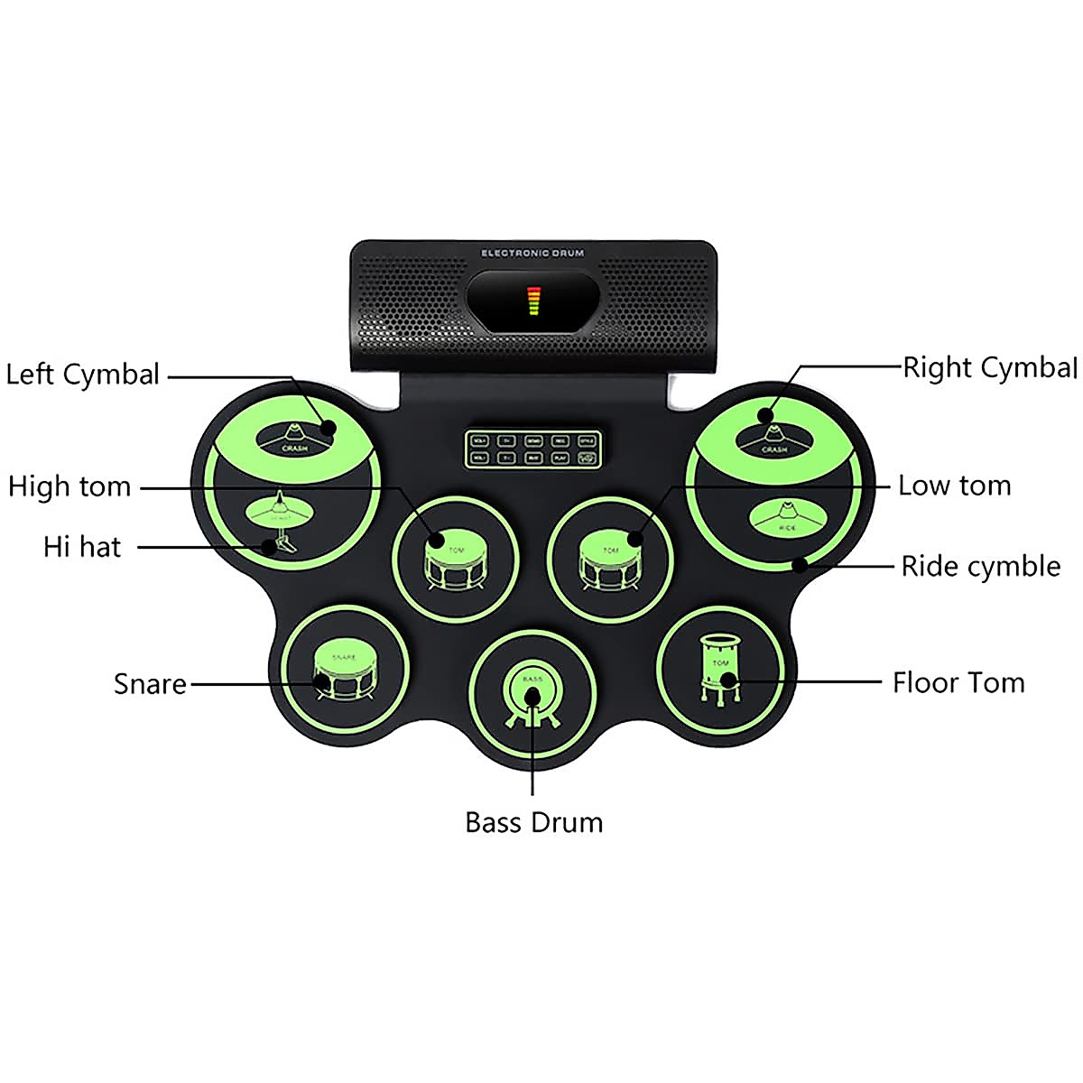 9 Pads Portable Electronic Drum Set with Built-in Speakers, Power Supply, Foot Pedals and Drumsticks, Roll Up Electric Musical Instruments