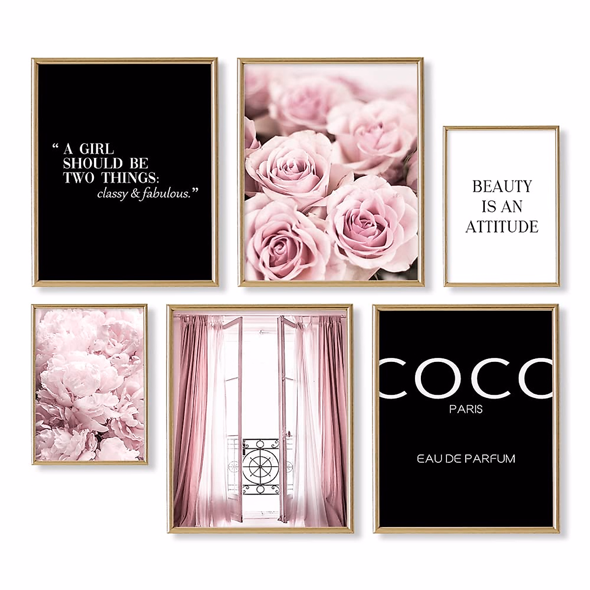 Motivational Quotes Wall Art - Glam Pink Designer Pictures Wall Decor - Positive Quotes for Women, Teen Girl Bedroom, Bathroom - Pink Rose Peony Posters for Vanity Powder Room - Paris Coco Fashion Art