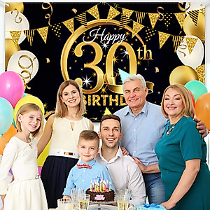 Birthday Party Decoration Extra Large Fabric Black Gold Sign Poster for Anniversary Photo Booth Backdrop Background Banner, Birthday Party Supplies, 72.8 x 43.3 Inch (30th)