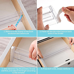 WJWSKI Drawer Dividers Organizers 4 Set, 11-20" Adjustable Dresser Drawers Dividers, 3.2" High Drawer Separators for Clothing Storage, Plastic Expandable Drawer Divider for Kitchen Utensils (Clear)