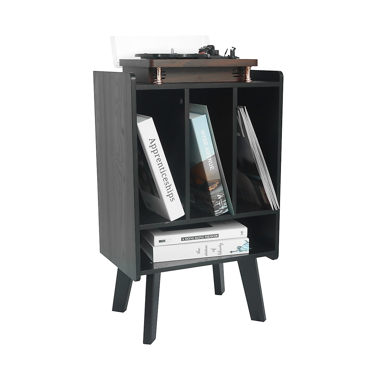 AWASEN Record Player Stand with Vinyl Storage, Turntable Stand with Record Storage, Vinyl Record Table Holds Up to 100 Albums, 3 Tier End Table for Living Room Bedroom Office Small Spaces (Black)