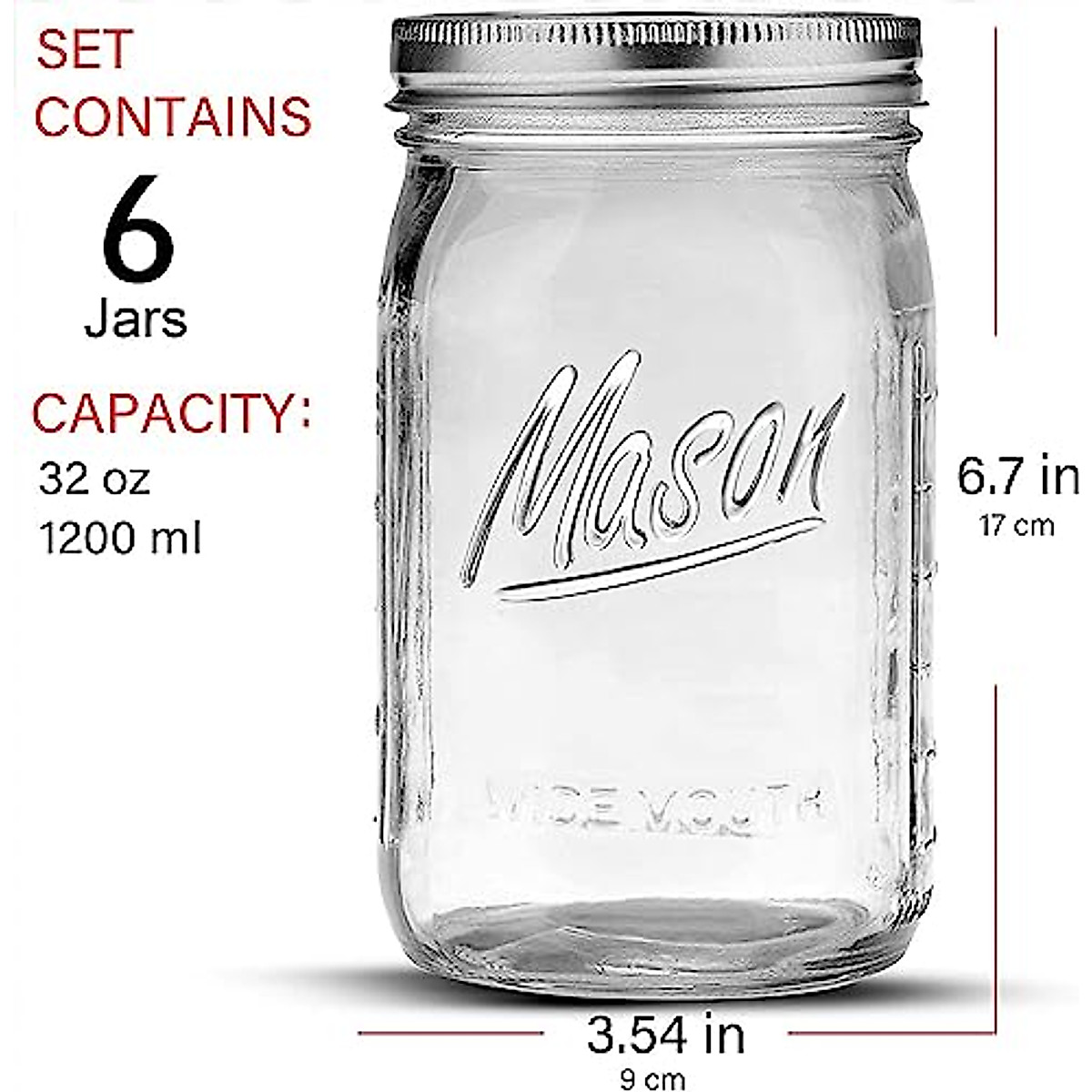 Bedoo 6 Pack 32 oz Mason Jars with Wide Mouth Airtight Lids and Bands, Clear Quart Mason Jars for Preserving, Meal Prep, Overnight Oats, Canning, Fermenting, Pickling, Party Favors
