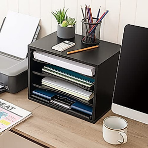FITUEYES Wood Desk Paper Organizer with 4 Tiers Storage, Desktop File Holder, Document Letter Sorter Tray with Adjustable Shelves, Home Office Wooden Mail Rack, Black