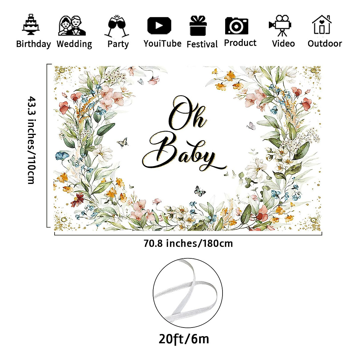 Avezano Wildflower Baby Shower Backdrop Wildflower Baby Shower Decorations Greenery Floral Baby Shower Background Spring Oh Baby Birthday Party Banner 70.8 x 43.3 Inch