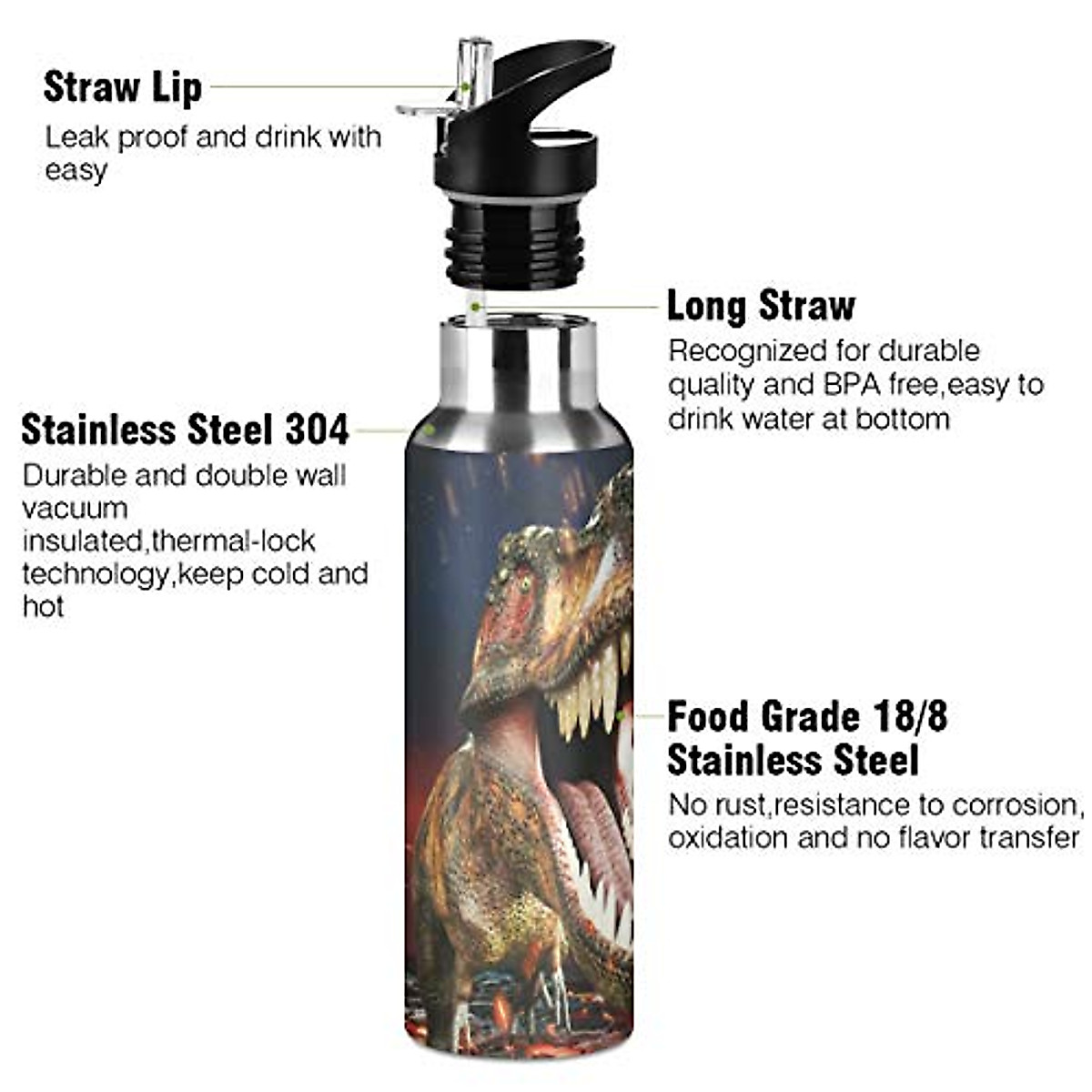Dinosaur 3D T-Rex Water Bottle with Straw Lid Thermos Kids Insulated Stainless Steel Water Flask Sports, 20 Oz Hot Cold