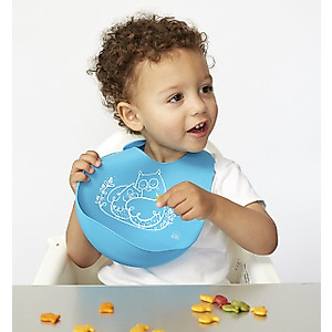 modern-twist Bucket-Bib 100% Food-Grade Silicone, Waterproof and Reusable, Owls – Electric Blue