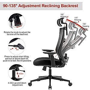 Luckyear Office Chairs,Ergonomic Home Desk Chairs,Adjustable Big Computer Chair with Lumbar Support Breathable Mesh Backrest Headrest,Tall Executive Office Task Chair,Black