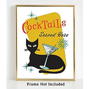 Mid Century Modern No.21 Wall Art Print - 11x14 UNFRAMED Retro Boho Aesthetic Kitchen, Bar Decor. Atomic Cat with Martini “Cocktails Served Here”