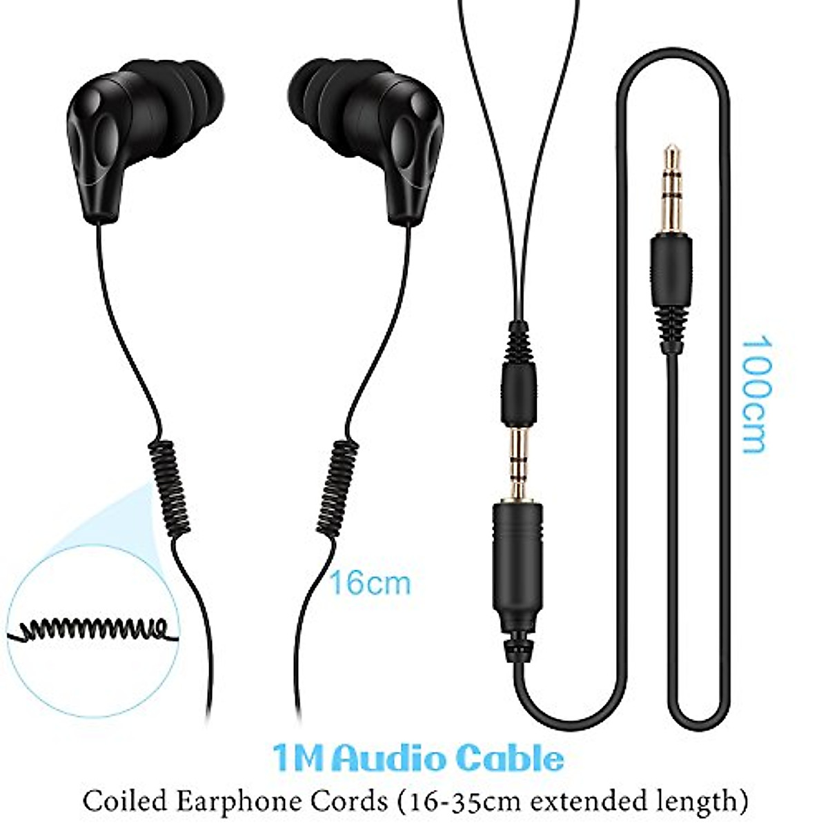 AGPTEK IPX8 Waterproof in-Ear Earphones, Coiled Cable Swimming Earbuds with Stereo Audio Extension Cable, Wired, Black