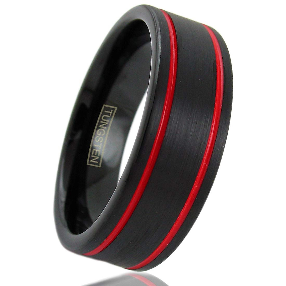 Engraved Personalized 8mm Flat Brushed Satin Finish Black Tungsten Carbide Band Ring w/Two Fire Engine Red Enamel Racing Stripes. (9.5)