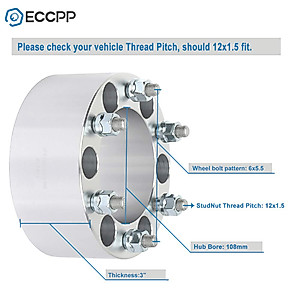 ECCPP 2PCS 6 Lug 3" inch Wheel Spacers 6x5.5 to 6x5.5 12x1.5 108mm Silver Compatible with for TACOMA 2005-2022 for TUNDRA 2000-2006 for 4RUNNER 1988-2022