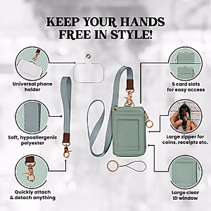 MONDO DESIGNS 2-in-1 ID Badge Holder & Lanyard Wallet - Multi-Use Womens Small Wallet with Removable Wristlet & Neck Lanyard, Clear Window, 5 Card Slots, Phone Holder, Ring Keychain - Green