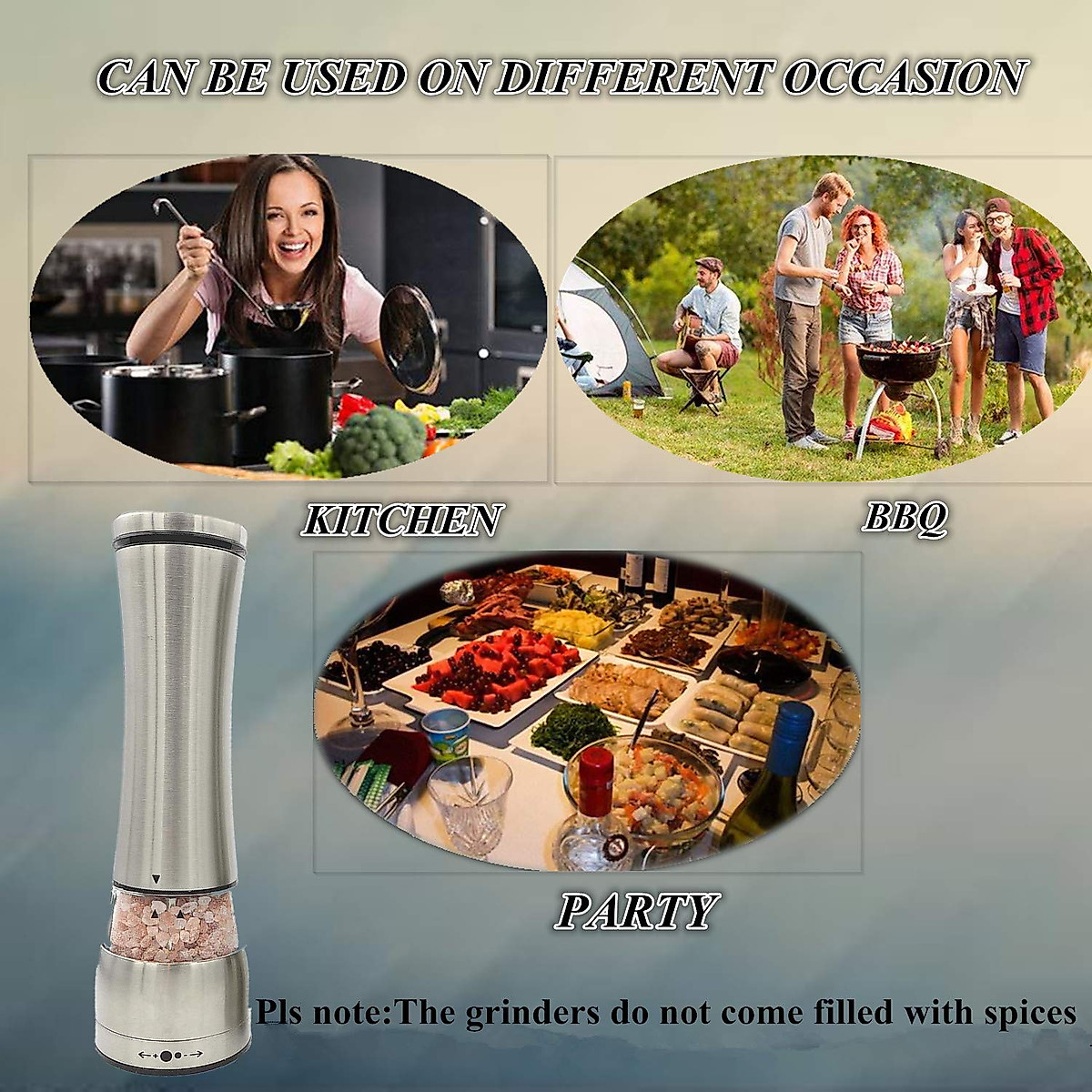 HQGSJ Electric Salt and Pepper Grinder,Battery Operated with LED Light,Stainless Steel Automatic Mill,Adjustable Ceramic Coarseness Salt grinder and pepper Mill （ONE PACK）