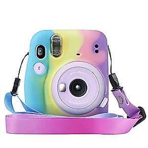 CAIYOULE Protective Silicone Case for Fujifilm Instax Mini 11 Camera with Gradient Adjustable Detachable Shoulder Strap - Iridescent Dark Blue