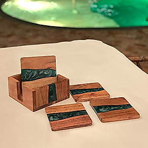 Wood and Resin Coasters Set of 4 with Holder for Wooden Table, Handmade Acacia Wood and Epoxy Resin Coaster Set, Protect Tables, Non-Absorbent and Easy to Clean, for Home, Office, or Bar