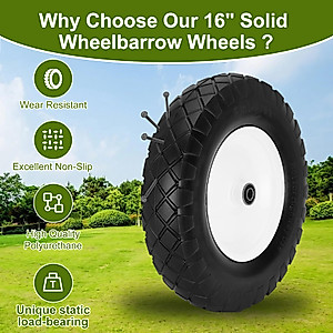 Pontuss Upgraded 16" Flat Free Wheelbarrow Wheels and Tires, 4.80/4.00-8 Solid Wheelbarrow Tires with 5/8"&3/4" Bearings,14"-16" Universal Fit Wheelbarrow Tires for Wheelbarrows/Garden Trailer
