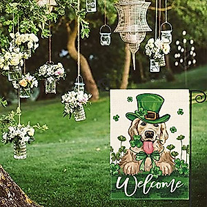 AVOIN colorlife St Patricks Day Green Hat Dog Garden Flag 12x18 Inch Double Sided, Lucky Shamrock 17 March Welcome Yard Outdoor Flag