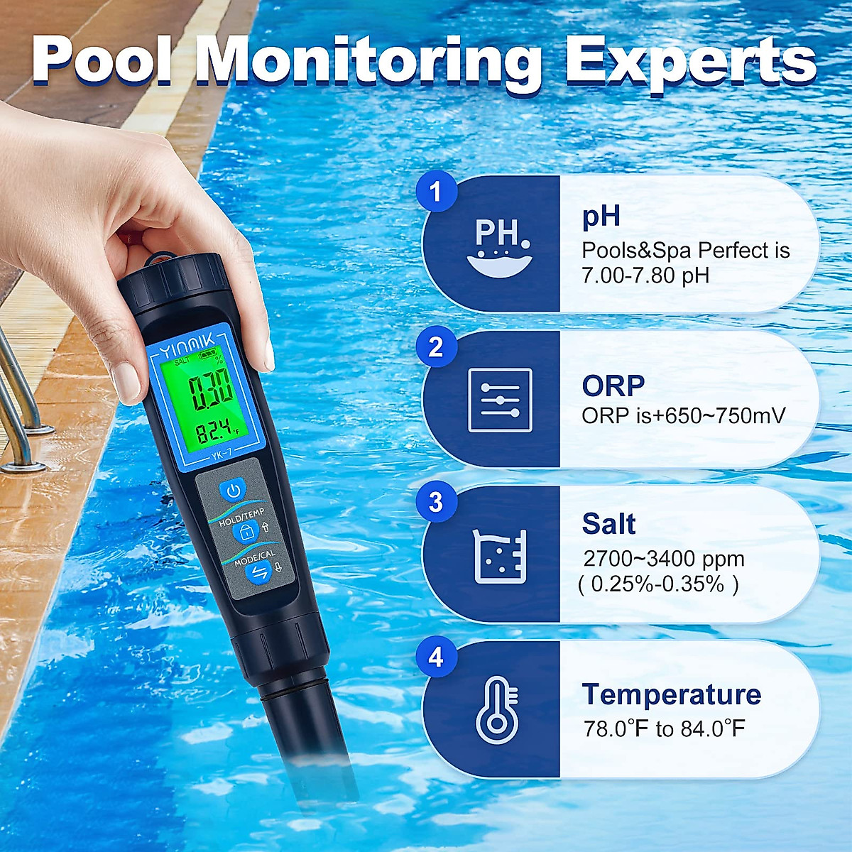 YINMIK 7 in 1 Digital pH TDS EC ORP Salt S.G Temp Meter with 15 Pack pH Calibration Buffer Powder