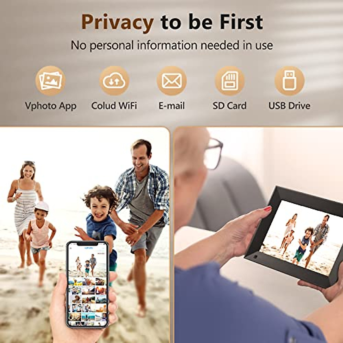 Digital Picture Frame - Benibela 8 Inch 32GB WiFi AI Smart Electronic Photo Frames, IPS Touch Screen, AI Recognition, Auto-Rotate, Wall Mounted, 2 Filter, Share Photo Video Anywhere via Email App USB