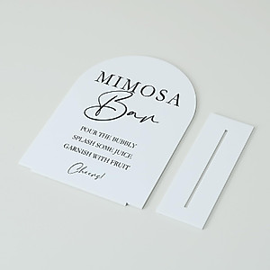 Acrylic Mimosa Bar Sign with Stand- 5"x7" White Arch Acrylic Wedding Sign and Base,1/8" Thick | Modern Calligraphy Black Lettering Acrylic Table Sign for Wedding & Party