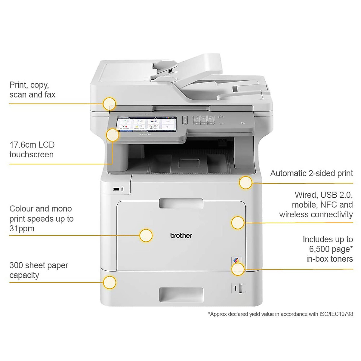 Brother Color MFC-L9570CDW All-in-One Wireless Business Laser Printer, White - Print Copy Scan Fax - 7" Touchscreen, 33 ppm, 600 x 2400 dpi, Auto Duplex Printing, 80-Sheet ADF, NFC+, USB, Ethernet