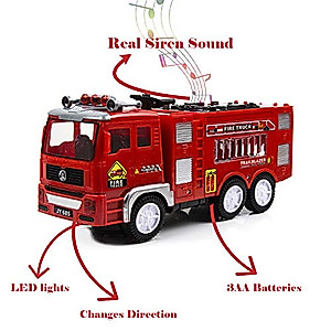 Toysery Fire Truck Toy, Realistic Fire Trucks Toddler Toys, Siren Head Toy with Vivid Lights, Bump and Go Red Fire Trucks for Kids,Fire Truck with Extending Fire Ladder - Cool Toys for Boys