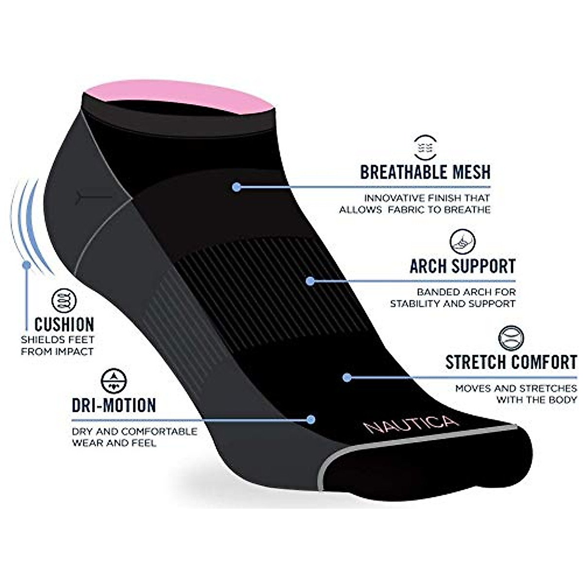 Nautica Women's Socks - Athletic Cushion Low Cut Socks (6 Pack), Size 4-10, Pink Assorted