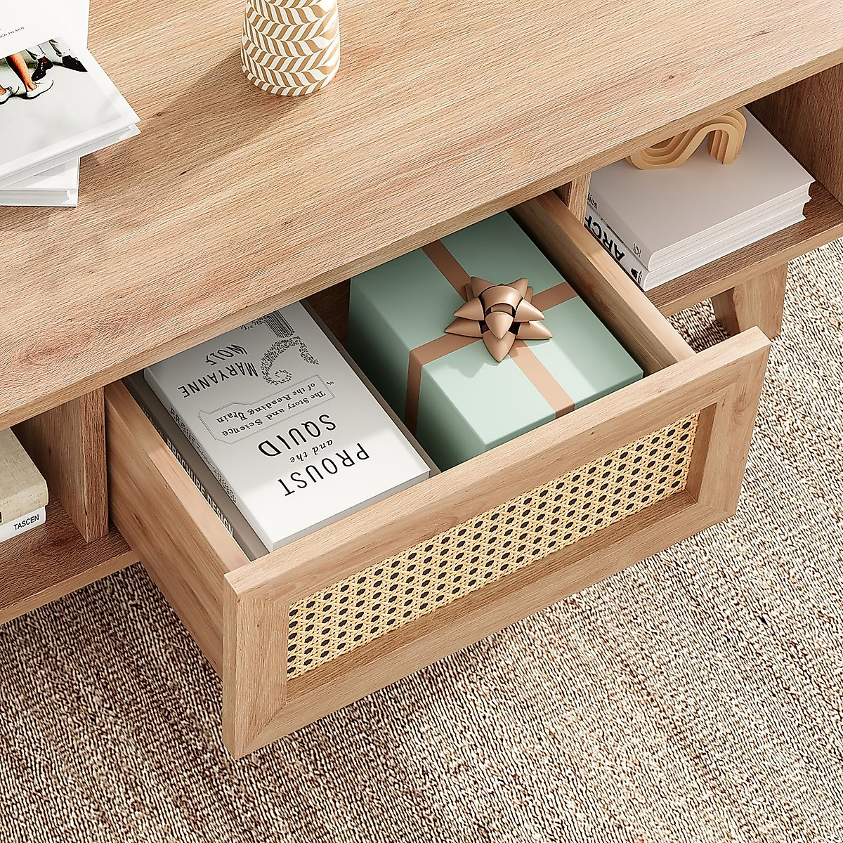 PASBAS Coffee Table, Mid Century Modern Coffee Table with Rattan Drawer, Wood Coffee Table for Living Room, Rattan Living Room Table with Storage, Woven Wooden Coffee Table Support Up to 110 LBS