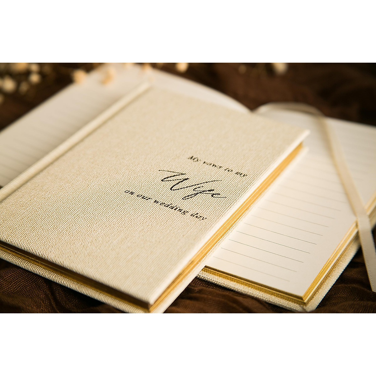 MUUJEE Hard Cover Vow Books (Set of 2) - Cream Canvas Linen Foil Embossed Wedding Ceremony Vow Renewal Speech Books, Couple Gifts for Engagement (To My Husband/Wife)