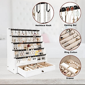 Pinzoveco Earring Organizer, 5 Layer Earring Holder Organizer with Necklace Holder Pole, Rustic Wood Jewelry Organizer Stand Display for Stud Earring Bracelet Necklace Ring, 175 Earring Holes