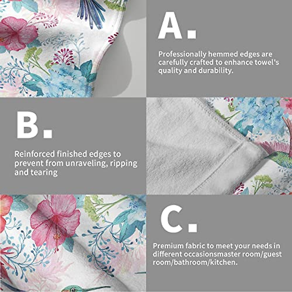 Pink Blue Floral Hand Towels Hummingbird Wild Floral Kitchen Dish Towel Set of 2 Spring Summer Decor Towel Set for Bathroom, Hotel, Gym and Spa