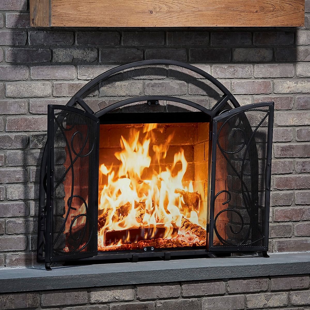 Uniflame Single Panel Black Wrought Iron Ornate Fireplace Screen with Doors