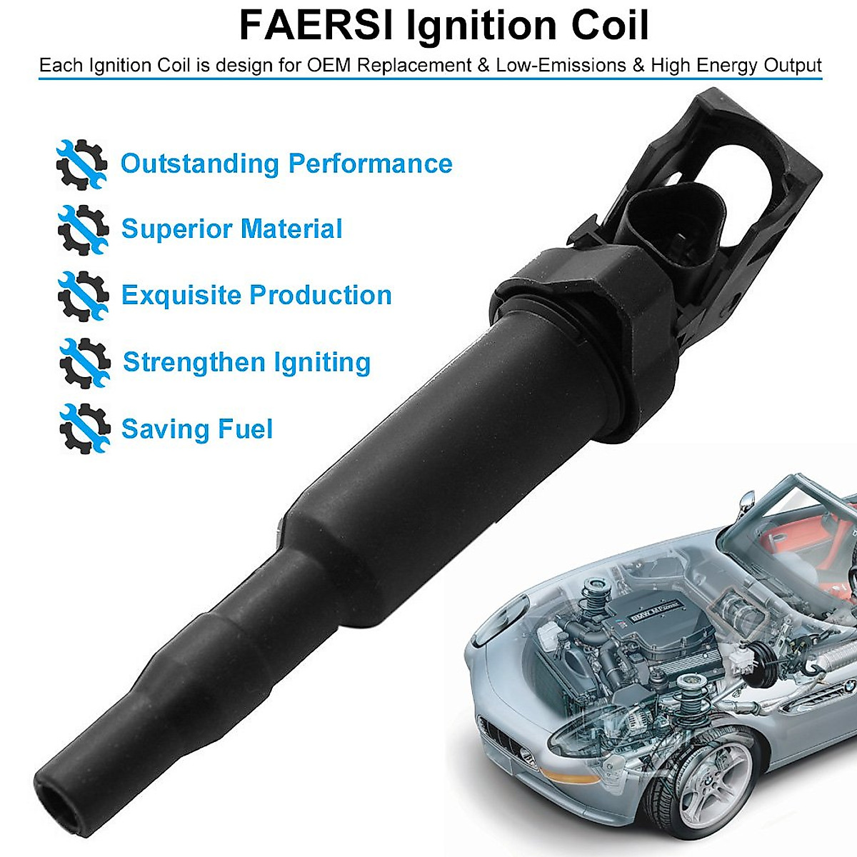 Ignition Coil Pack Set of 6 Replaces OE# 0221504470, Compatible with BMW 325i 328i 335i 525i 528i 530i 535i 545i 650i X3 X5 M5 M6 Z4 Mini Cooper and more