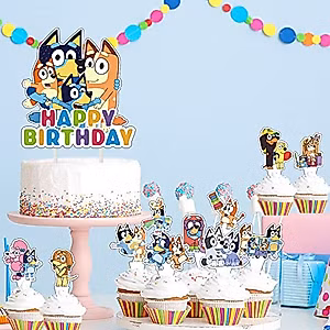 LIT-DAWN 25PCS Blue Dog Cake Cupcake Topper Decorations Cartoon Dog Happy Birthday Party Supplies for Kids Party Favors